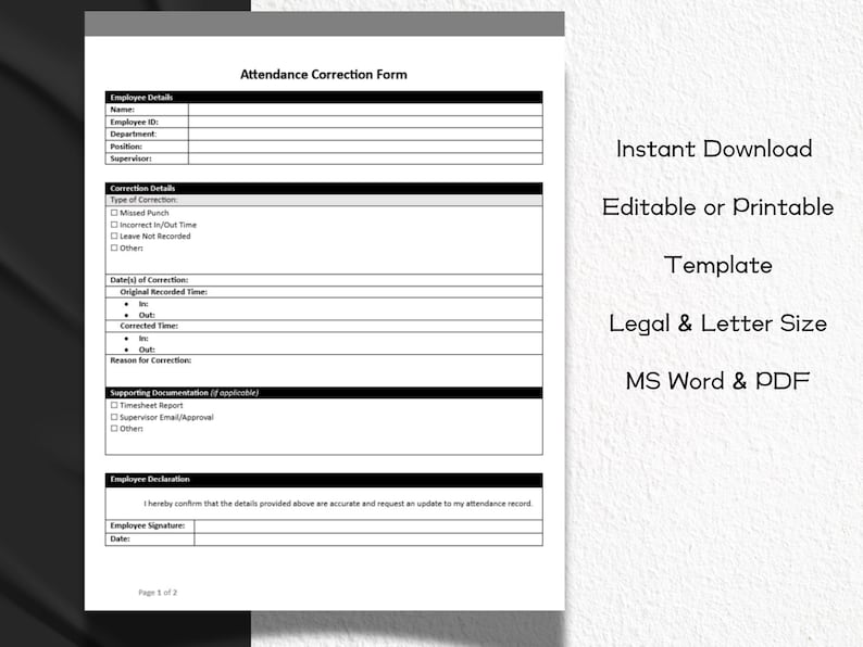 Attendance Correction Form Editable and Printable Template | HR ...