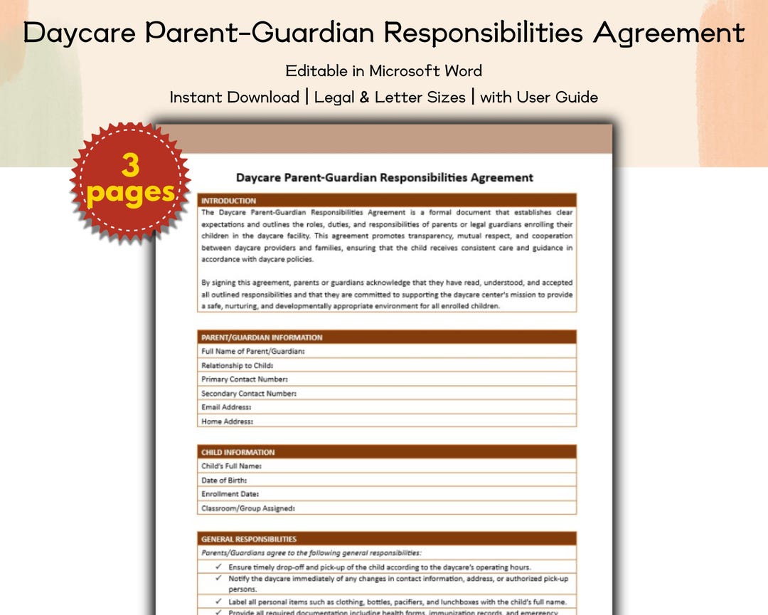 Daycare Parent-guardian Responsibilities Agreement Editable and ...