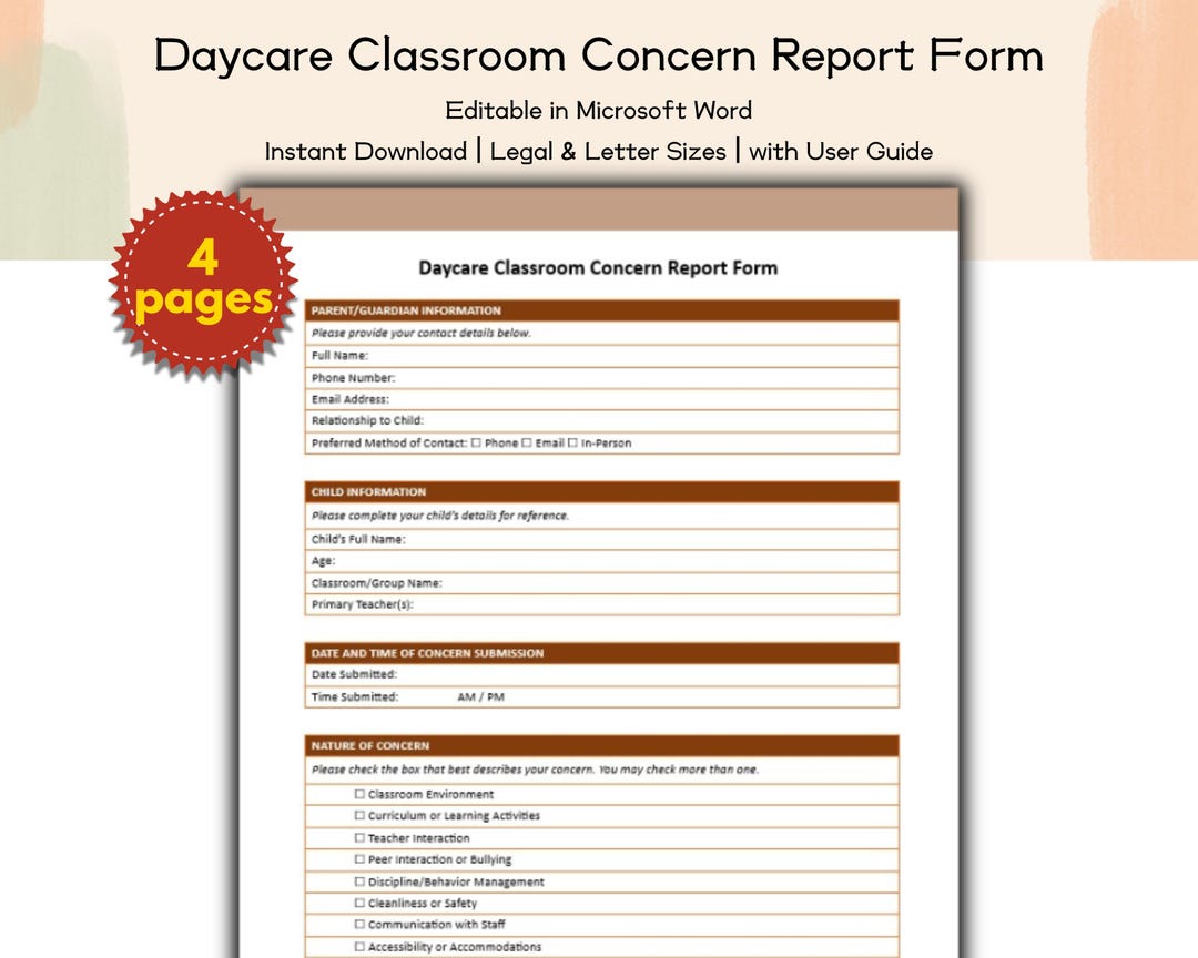 Buy Daycare Classroom Concern Report Form Editable and Printable ...