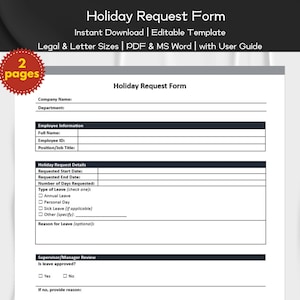 Holiday Request Form Editable and Printable Template | Employee ...