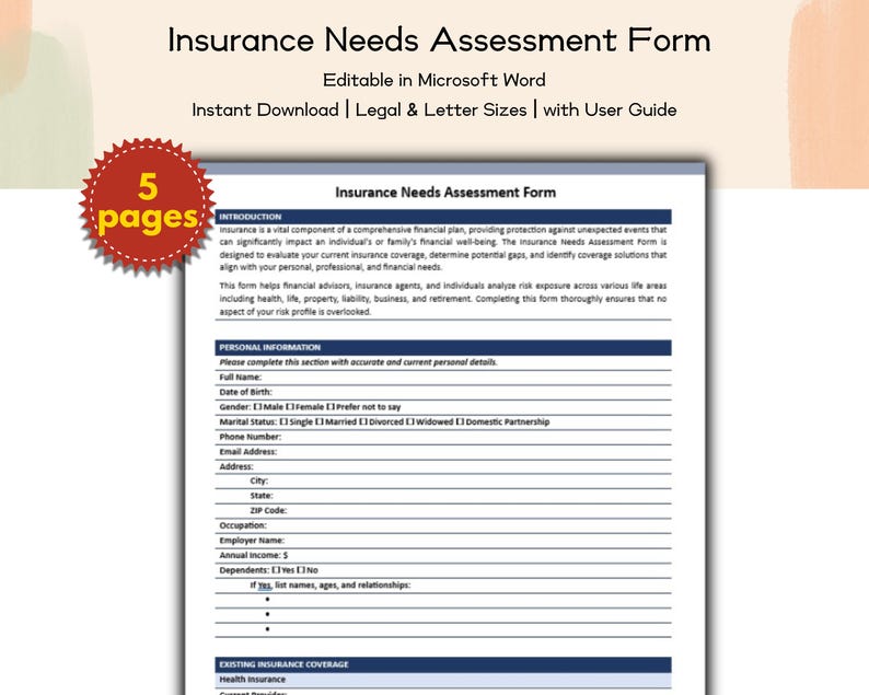 Insurance Needs Assessment Form Editable and Printable Financial ...