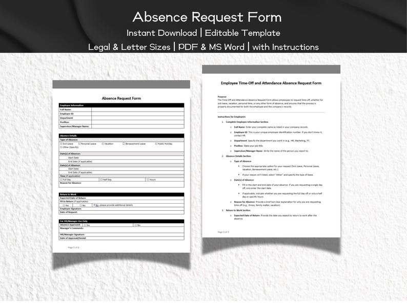 Absence Request Form Template Editable and Printable | HR Professionals ...