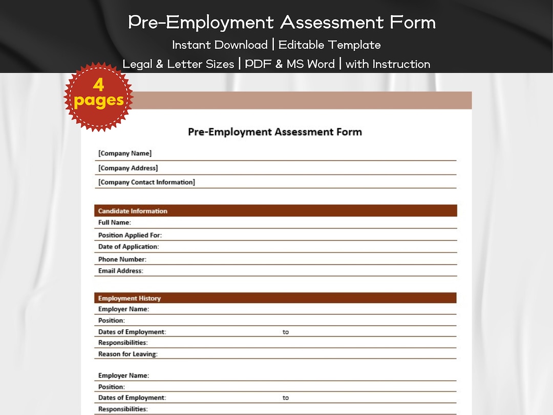 Pre-employment Assessment Form Editable and Printable Template With ...