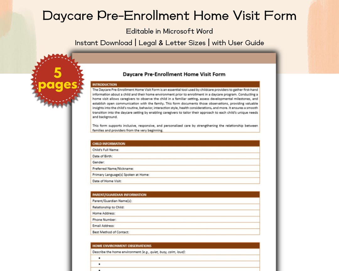 Daycare Pre-enrollment Home Visit Form Editable and Printable Template ...