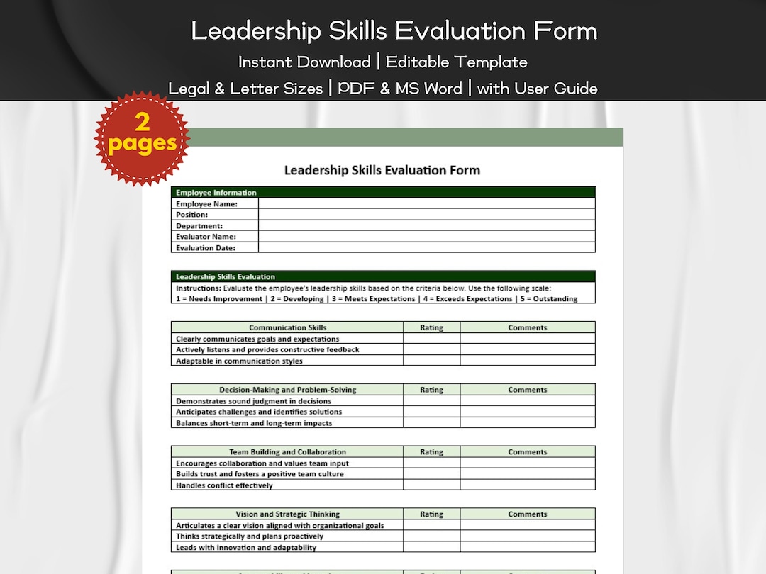 Leadership Skills Evaluation Form Editable and Printable | Employee ...