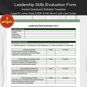 Leadership Skills Evaluation Form Editable and Printable | Employee ...