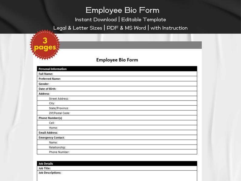 Employee Bio Form Editable and Printable Template | Recruitment, Human ...
