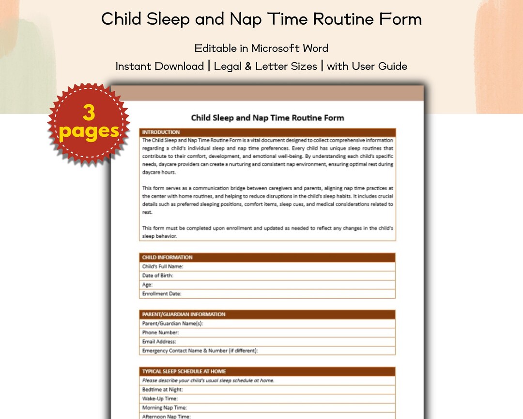 Daycare Child Sleep and Nap Time Routine Form Editable and Printable ...