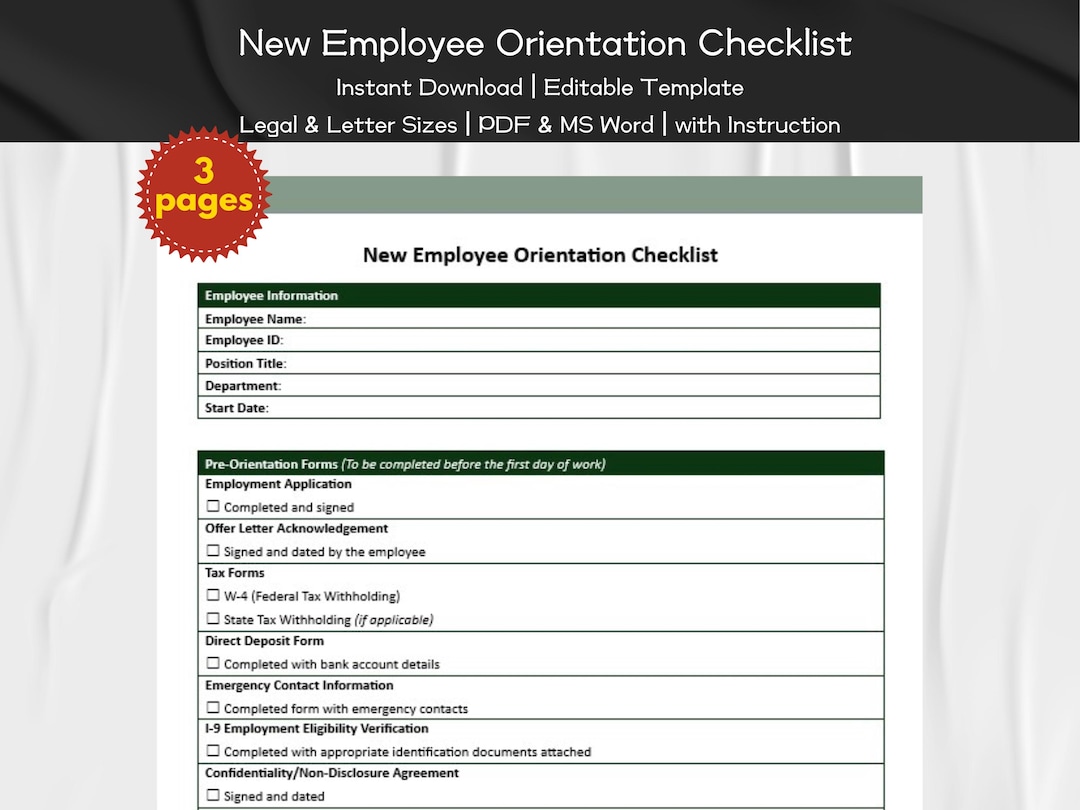 New Employee Orientation Checklist Editable and Printable Template With ...