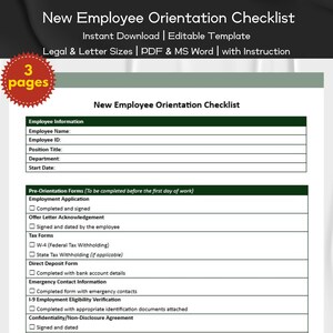 New Employee Orientation Checklist Editable and Printable Template With ...