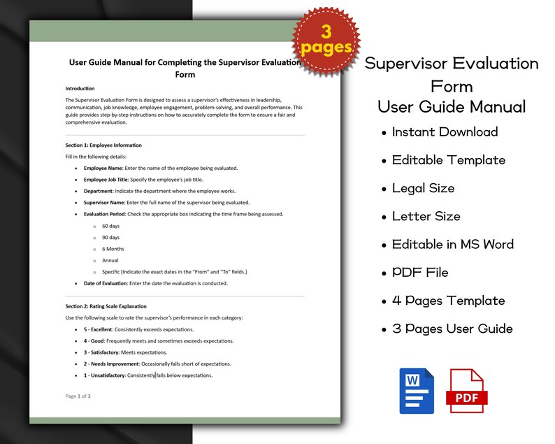 Supervisor Evaluation Form Editable and Printable Template With Manual ...