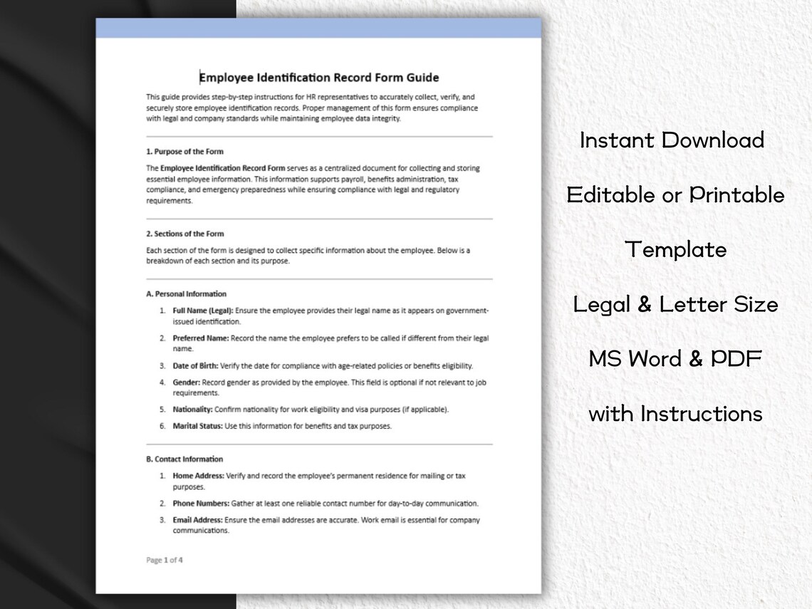 Employee Identification Record Form Editable and Printable Template ...