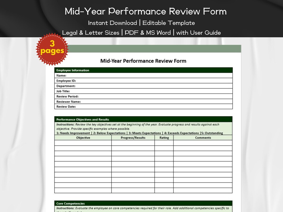 Mid-year Performance Review Form Editable and Printable | Employee ...