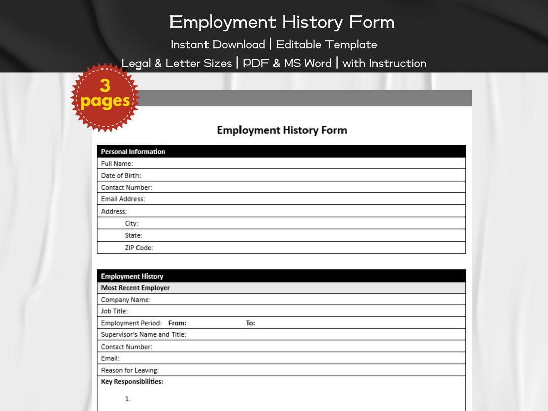 Employment History Form Editable and Printable Template | Human ...