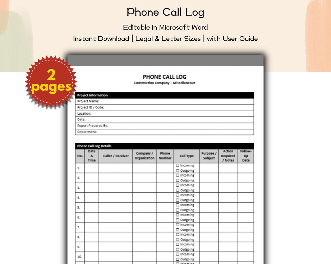 Construction Company Phone Call Log Editable and Printable Template ...