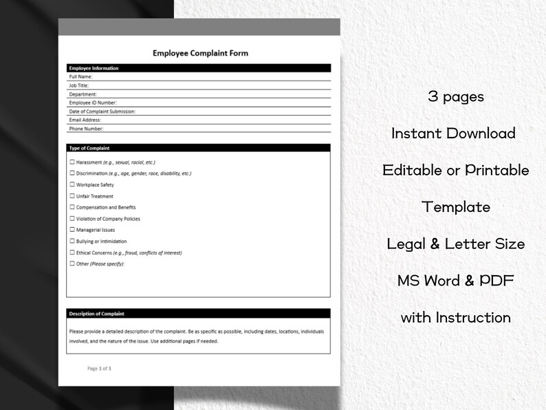 Employee Complaint Form Editable and Printable Template With Manual ...