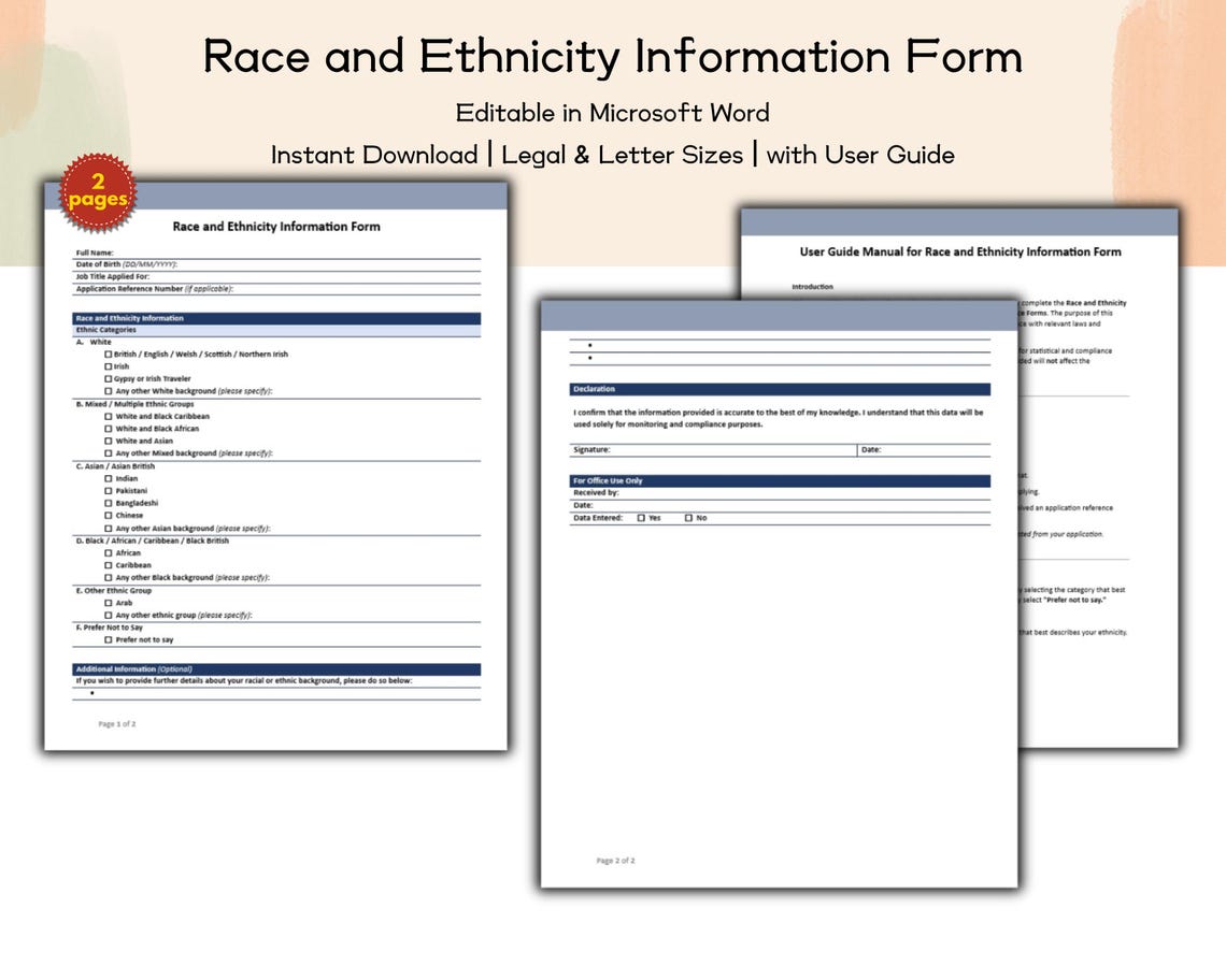 Race and Ethnicity Information Form Editable and Printable Template ...