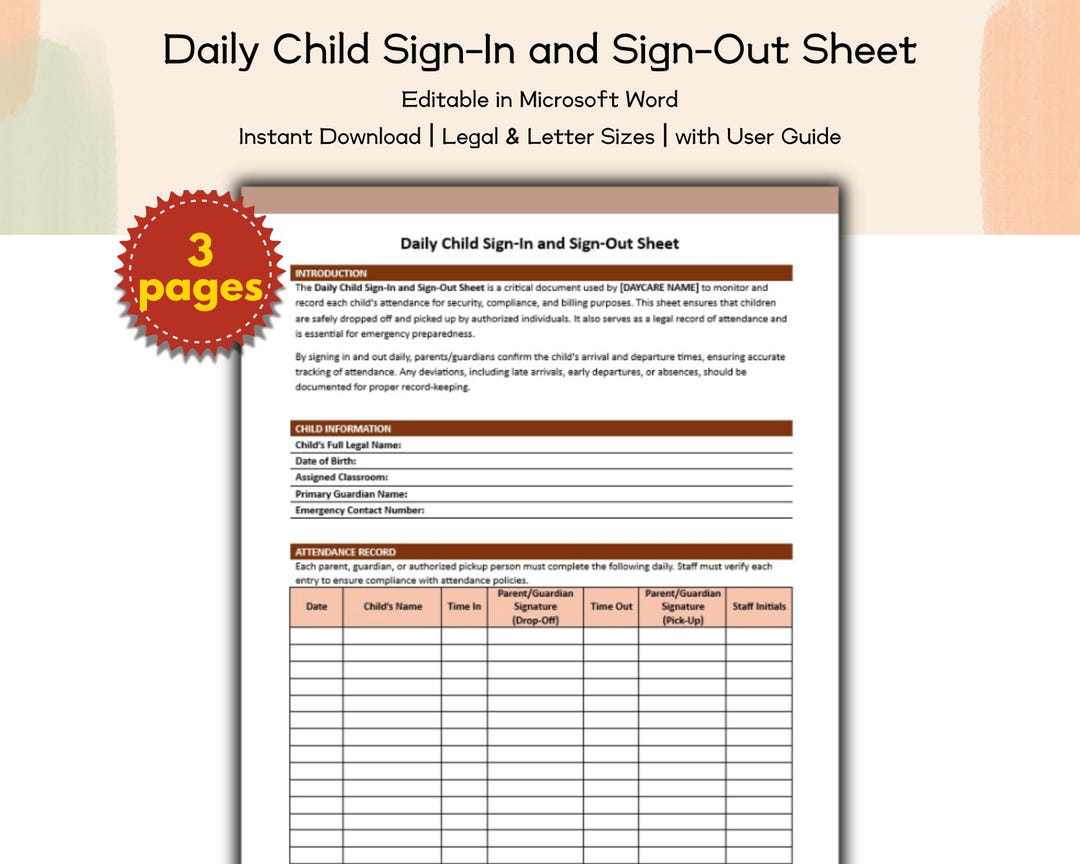 Daily Child Sign-in and Sign-out Sheet for Daycare - Editable and ...