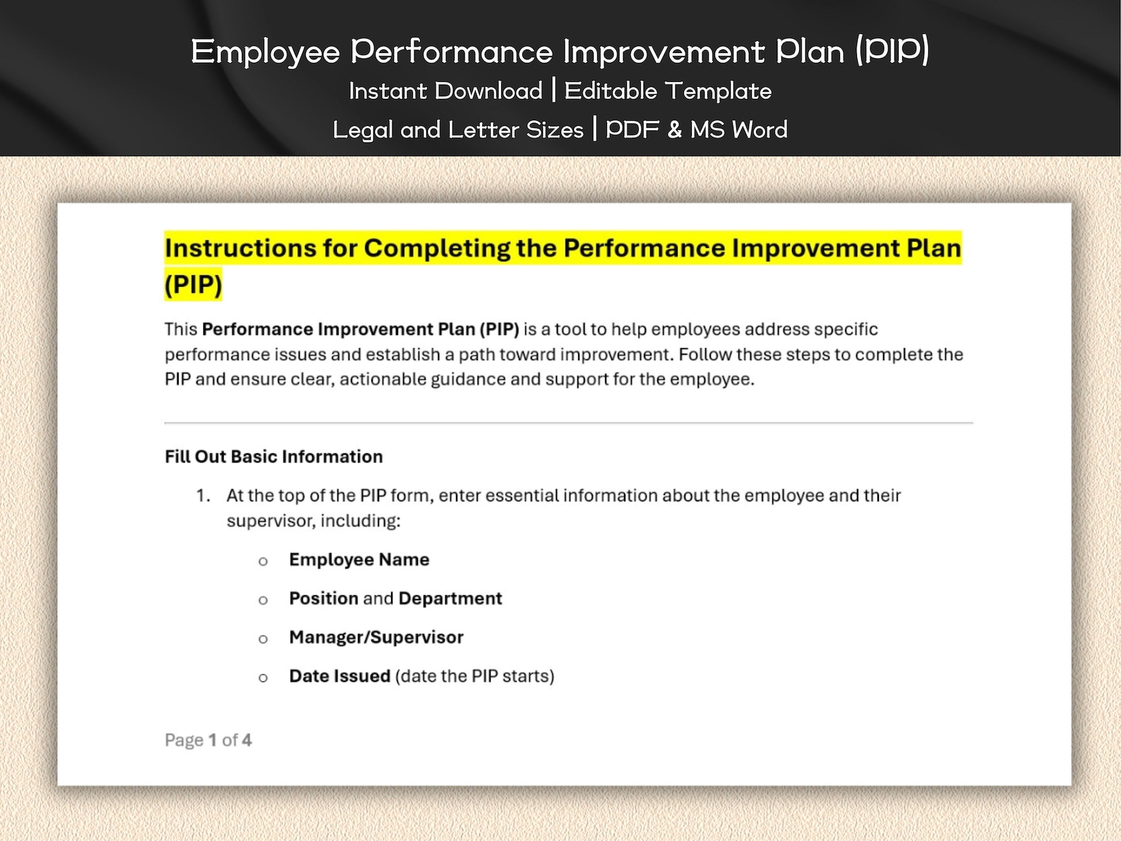 Employee Performance Improvement Plan (PIP) Editable Template W ...