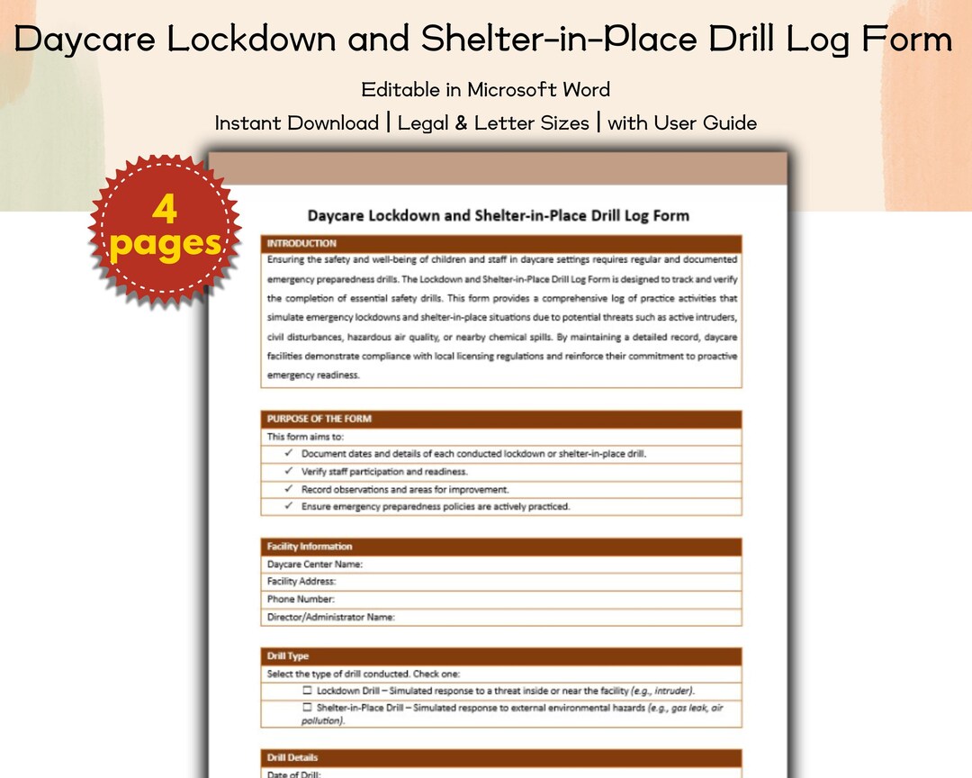 Daycare Lockdown and Shelter-in-place Drill Log Form Editable and ...