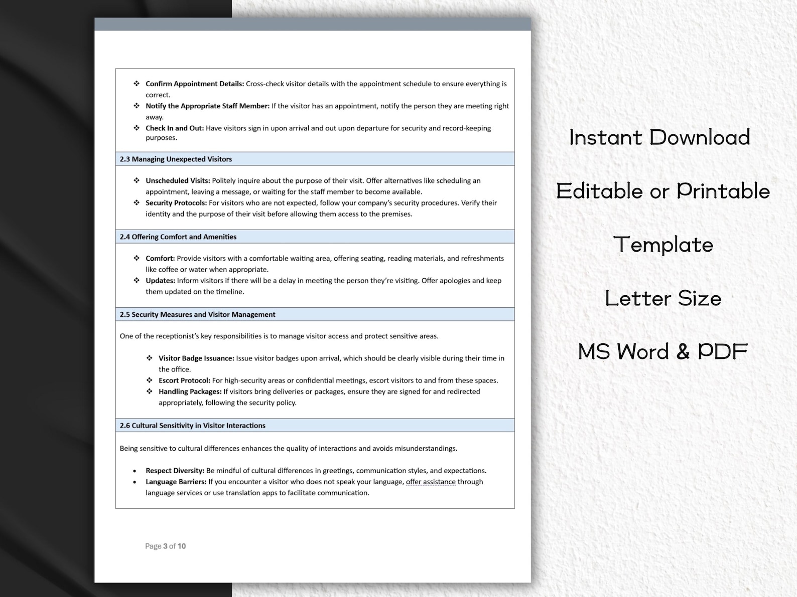 Front Desk Receptionist Handbook Editable Template | Professional ...