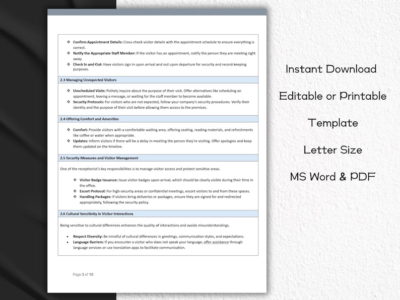 Front Desk Receptionist Handbook Editable Template | Professional ...