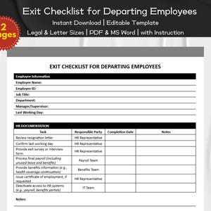 Exit Checklist for Departing Employees Form Editable and Printable ...