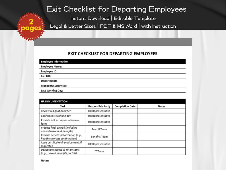 Exit Checklist for Departing Employees Form Editable and Printable ...