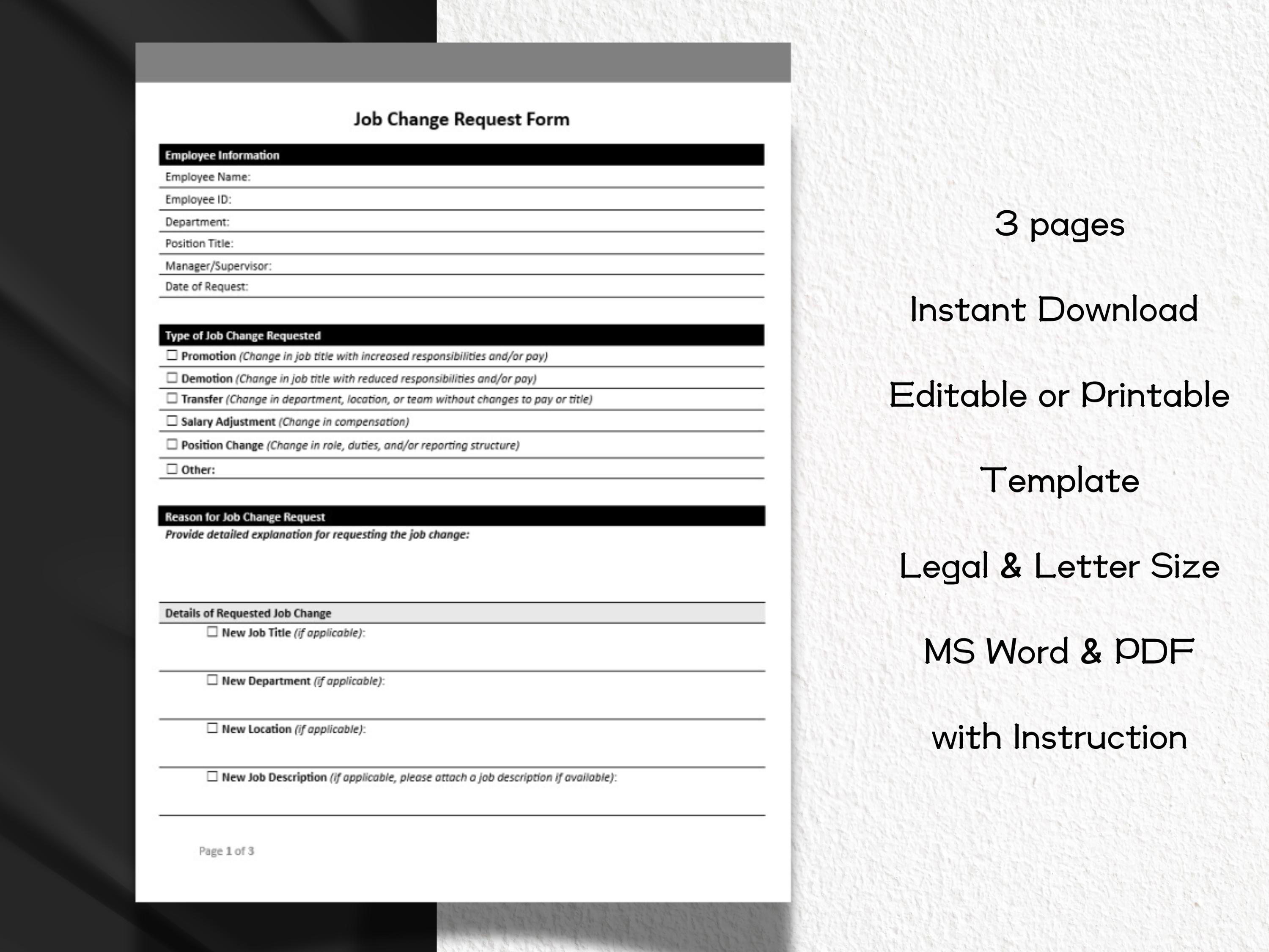 Job Change Request Form Editable and Printable Template With Manual ...