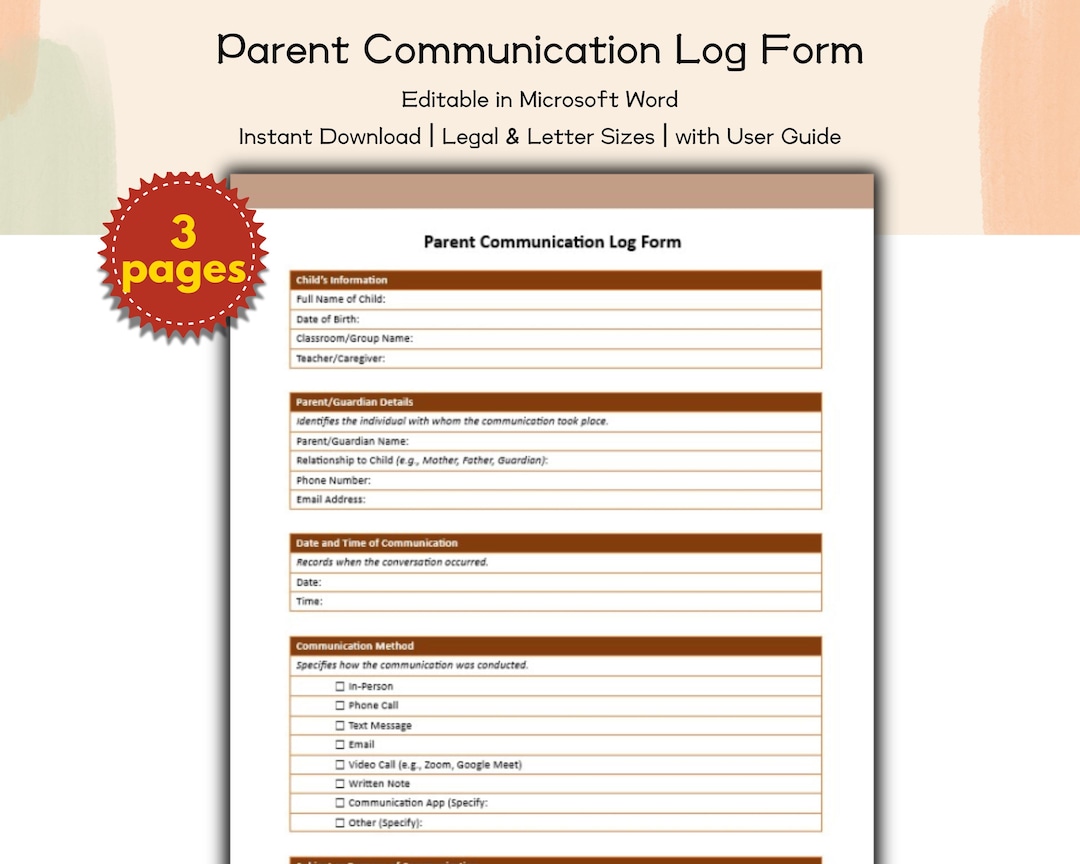 Daycare Parent Communication Log Form Editable and Printable Template ...