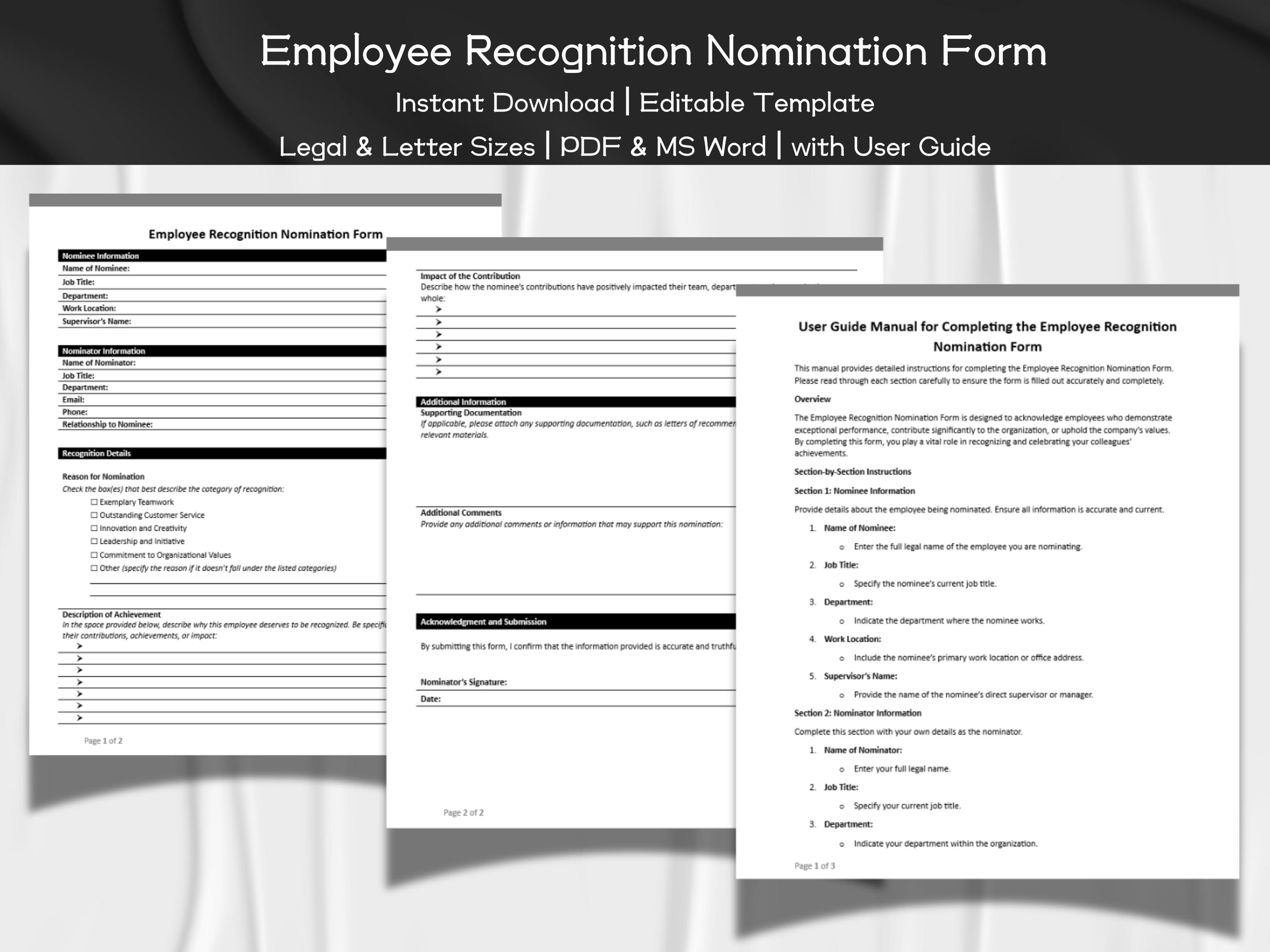 Employee Recognition Nomination Form Editable and Printable Template With Manual | HR ...