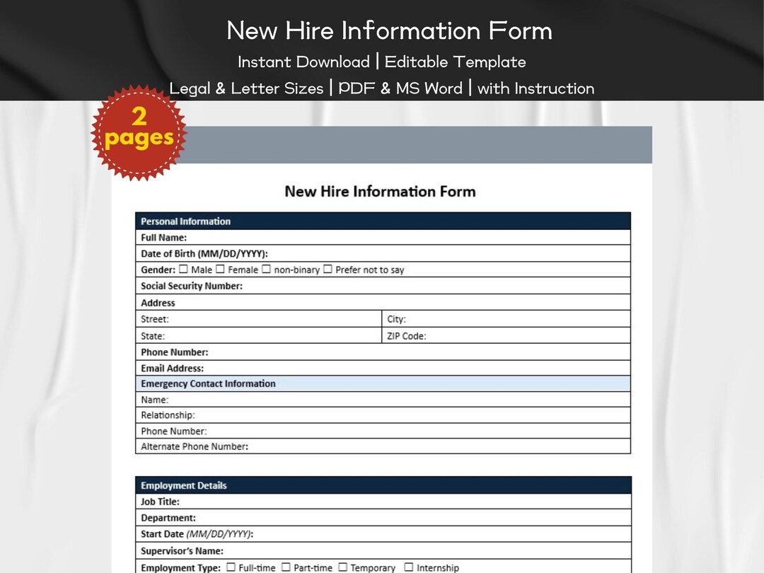 New Hire Information Form Editable and Printable Template With Manual ...