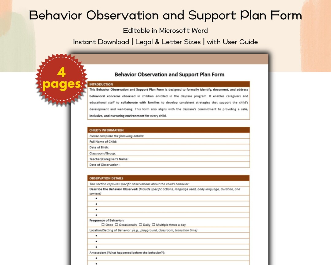 Daycare Behavior Observation and Support Plan Form Editable and ...