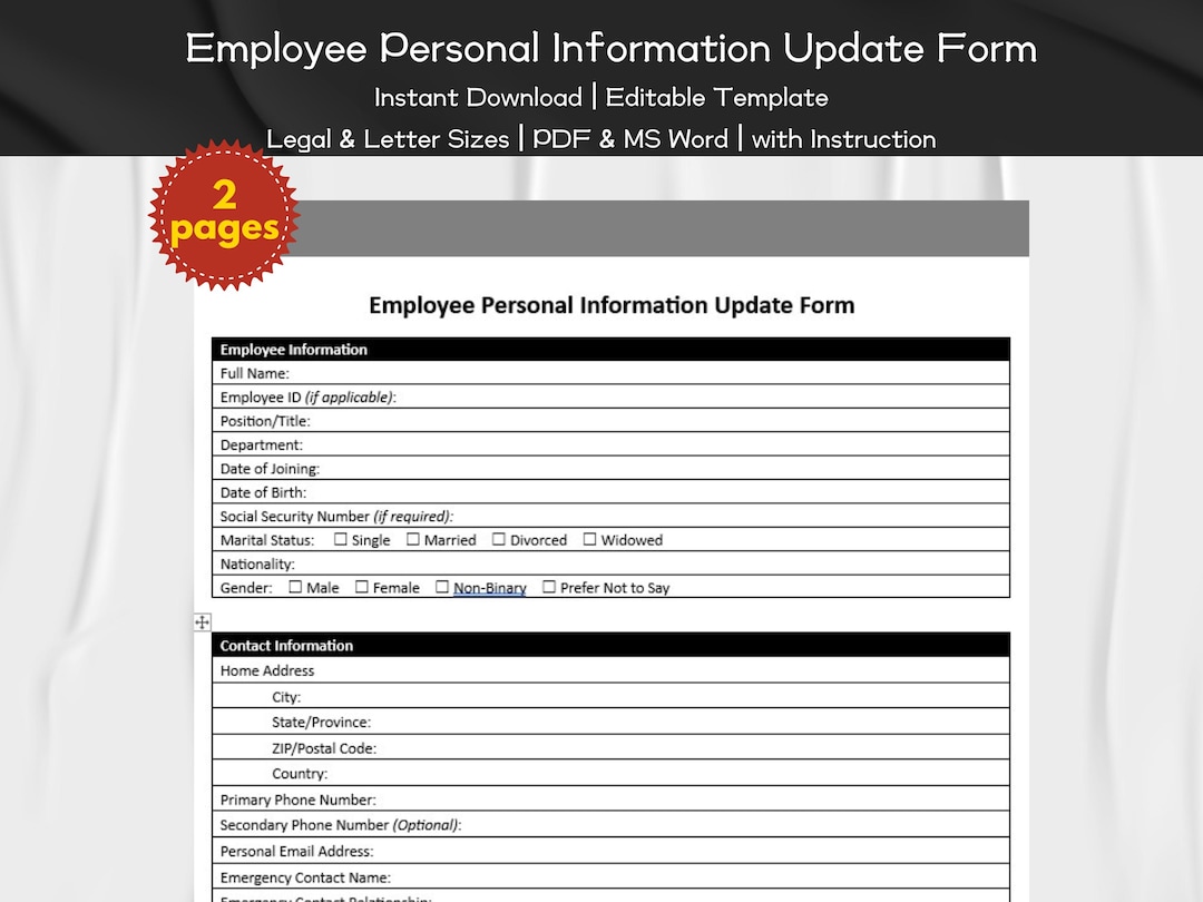 Employee Personal Information Update Form Editable and Printable ...