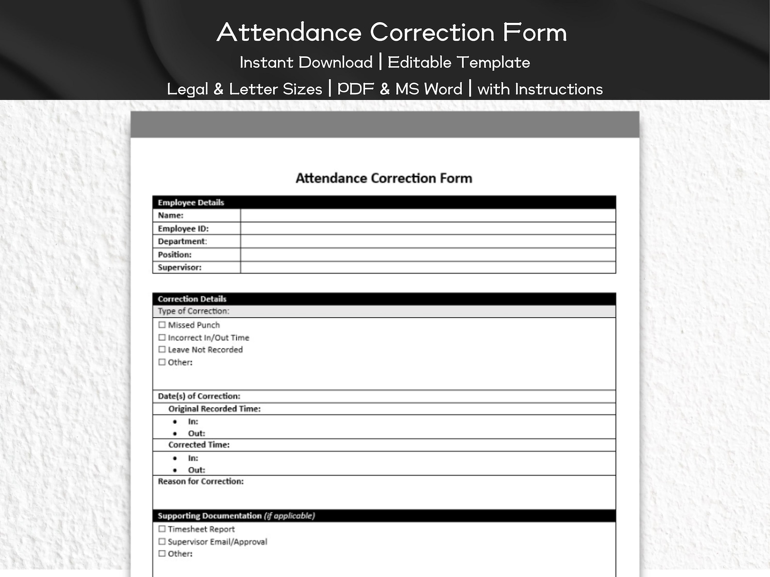 Attendance Correction Form Editable and Printable Template | HR ...