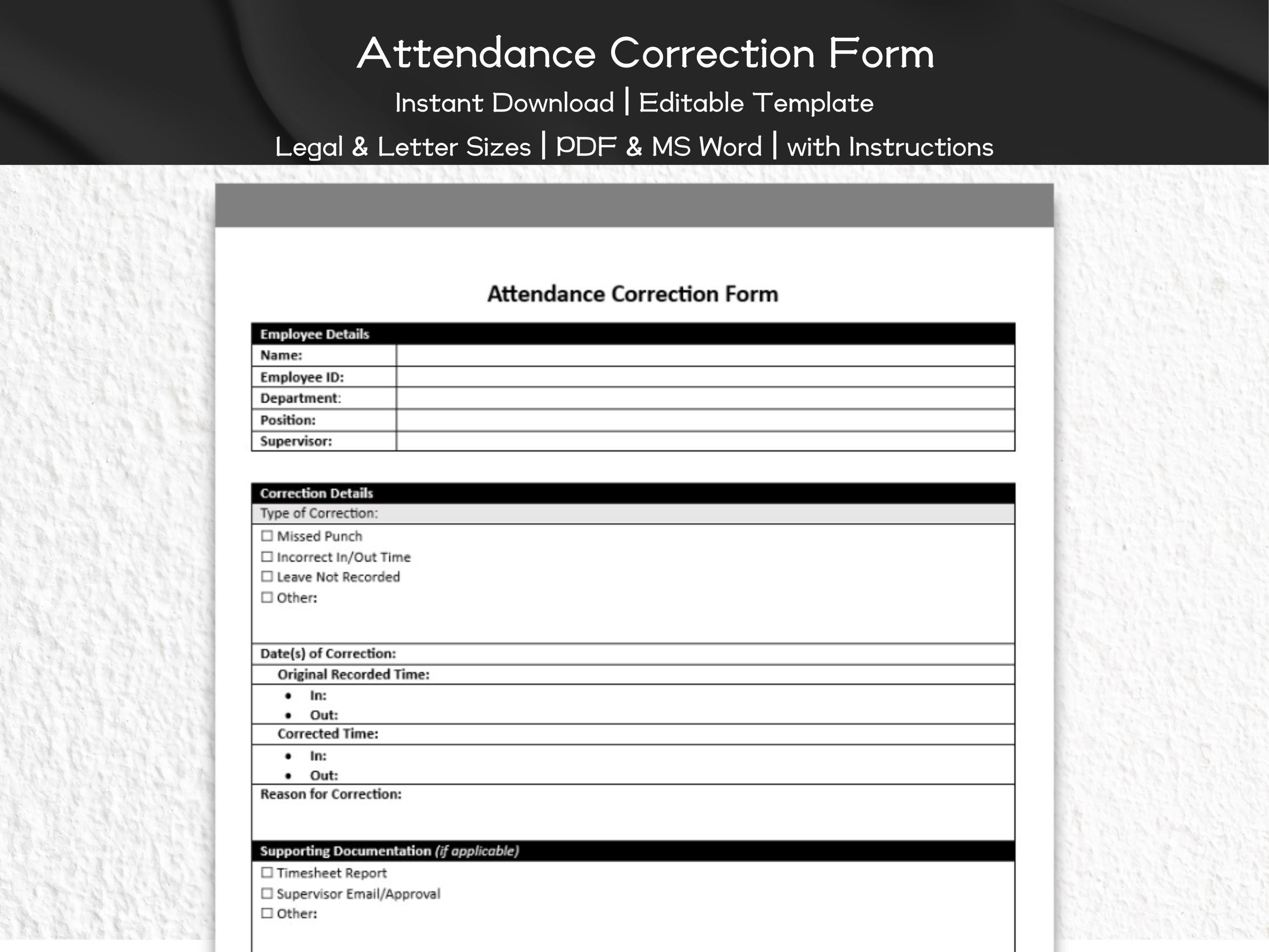 Attendance Correction Form Editable and Printable Template | HR ...