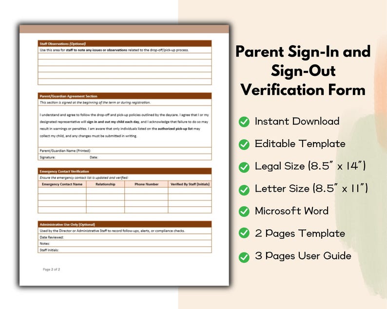 Daycare Parent Sign-in and Sign-out Verification Form Editable and ...