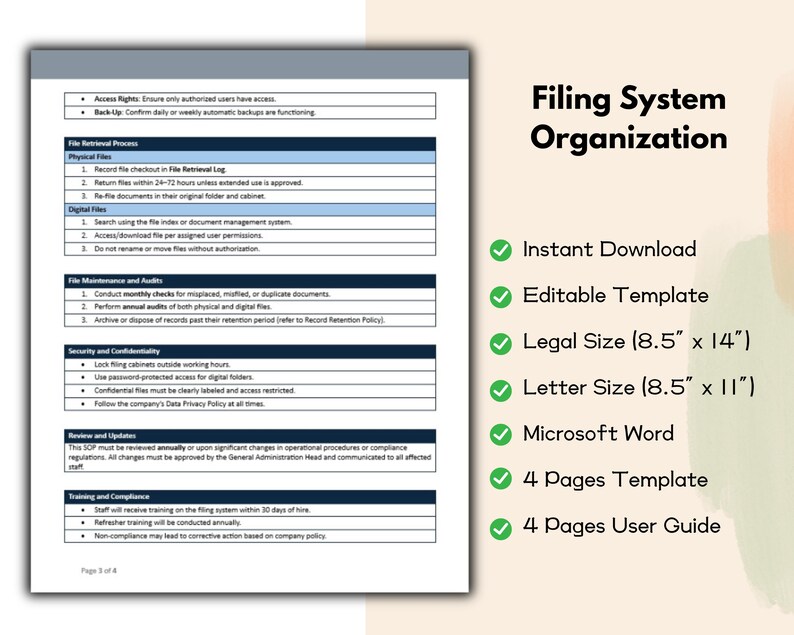 Filing System Organization Standard Operating Procedure SOP Editable ...