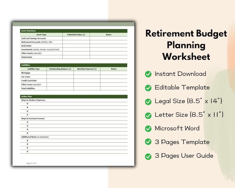 Retirement Budget Planning Worksheet Printable and Editable Financial ...