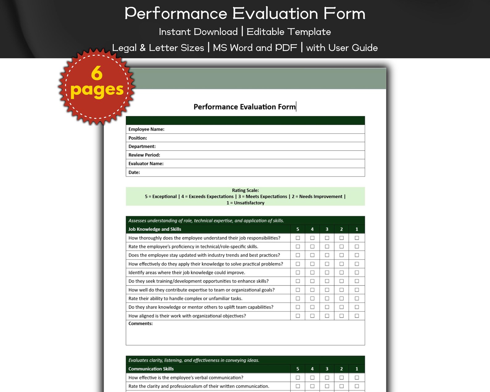 Performance Evaluation Form Editable and Printable Templates | HR ...