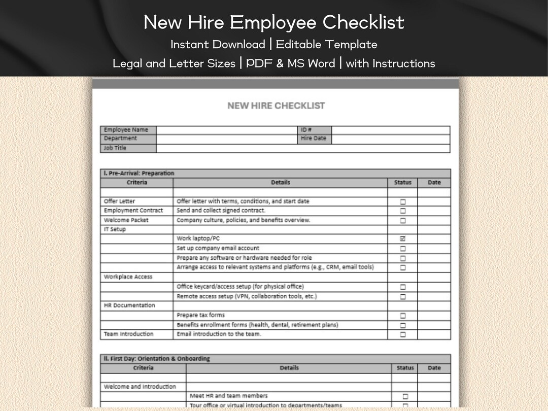 New Hire Employee Checklist Form Editable and Pribtable Template ...
