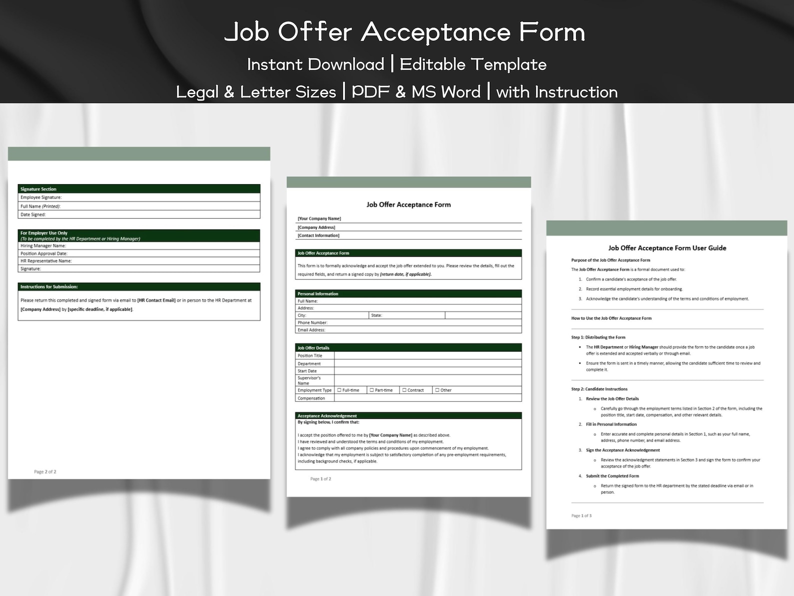 Job Offer Acceptance Form Editable and Printable Template With Manual ...