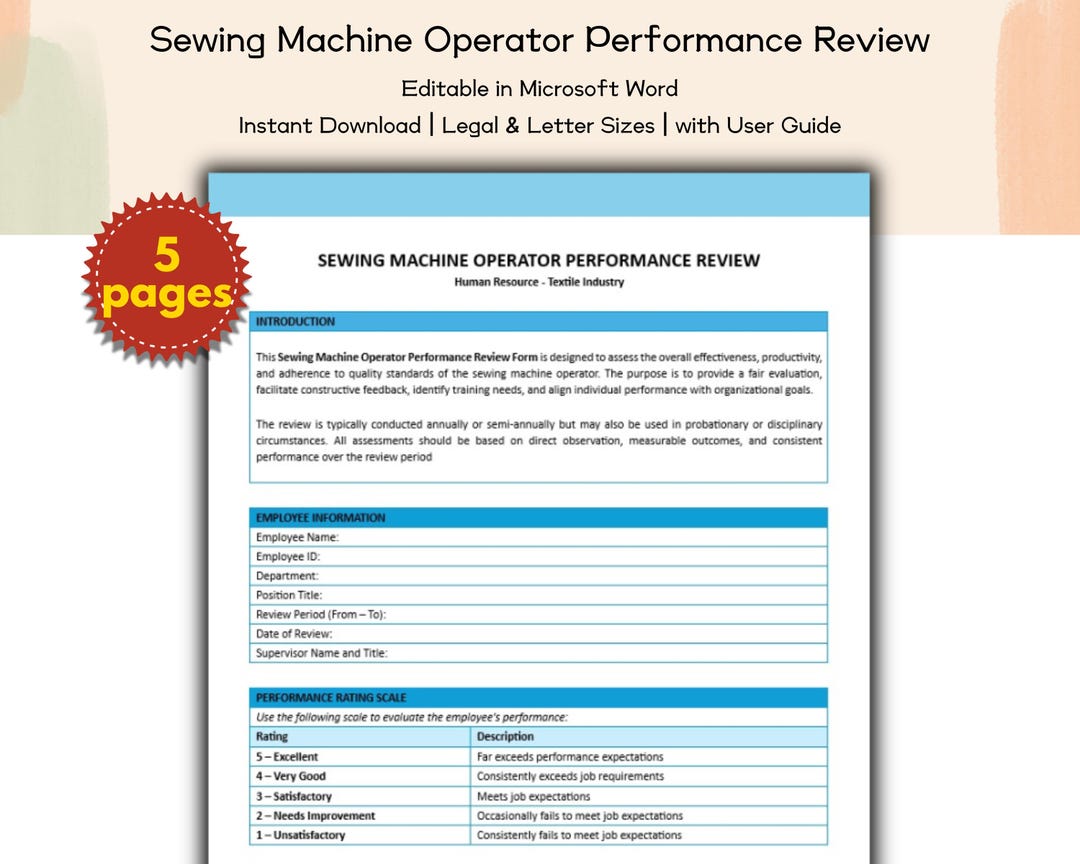 Sewing Machine Operator Performance Review Editable and Printable ...