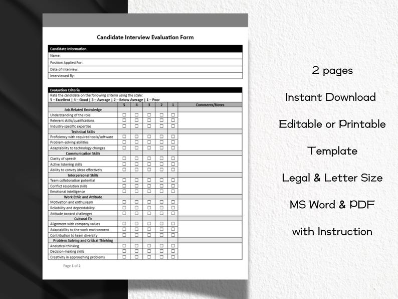 Candidate Interview Evaluation Form Editable and Printable Template ...