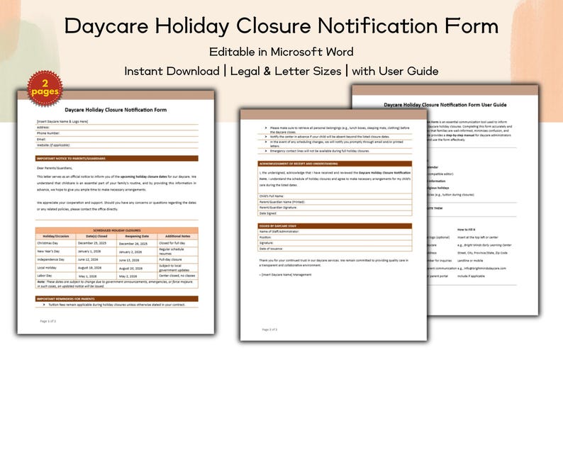 Daycare Holiday Closure Notification Form Editable and Printable ...