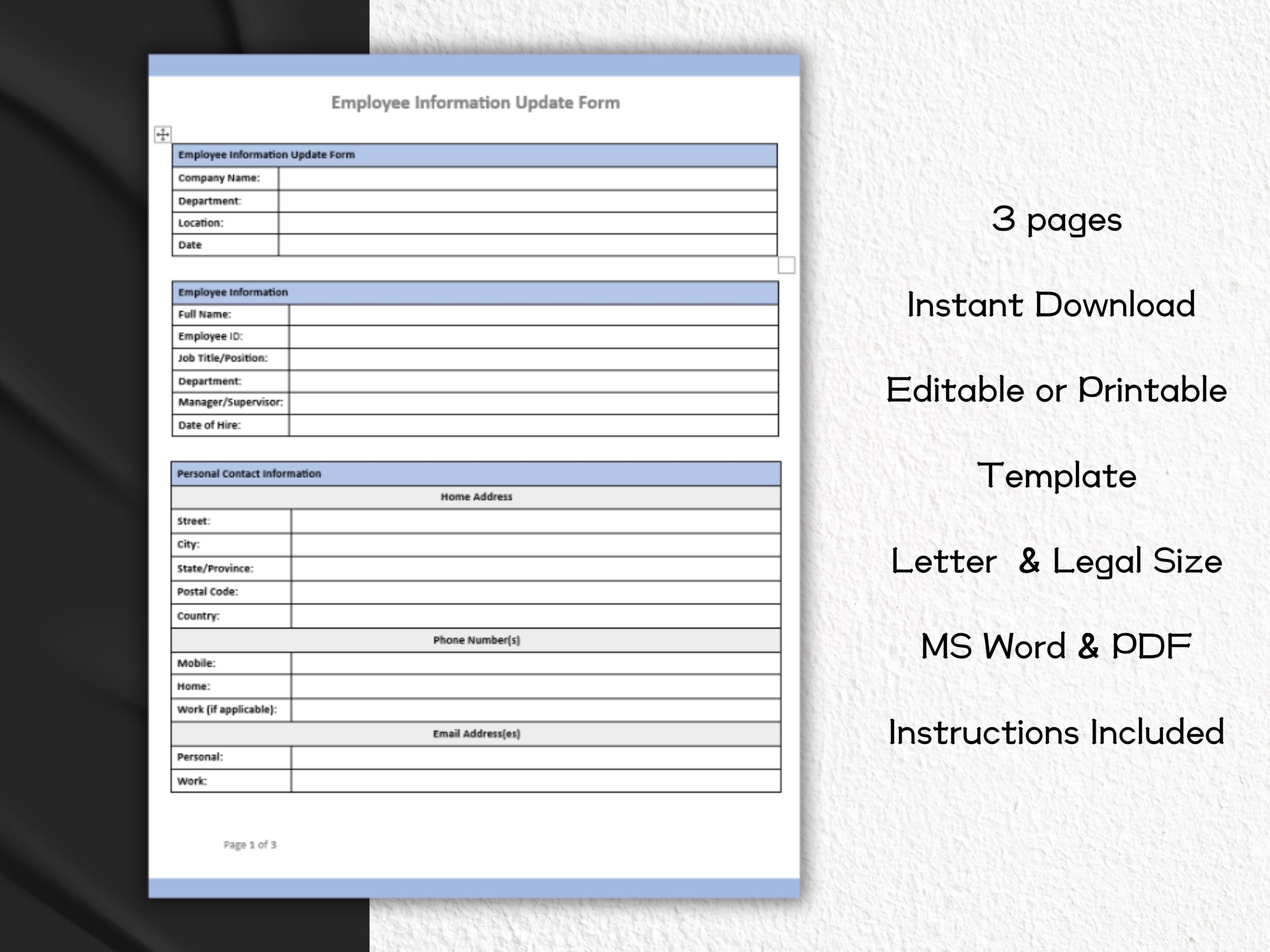 Employee Information Update Form Editable and Printable Template | HR ...