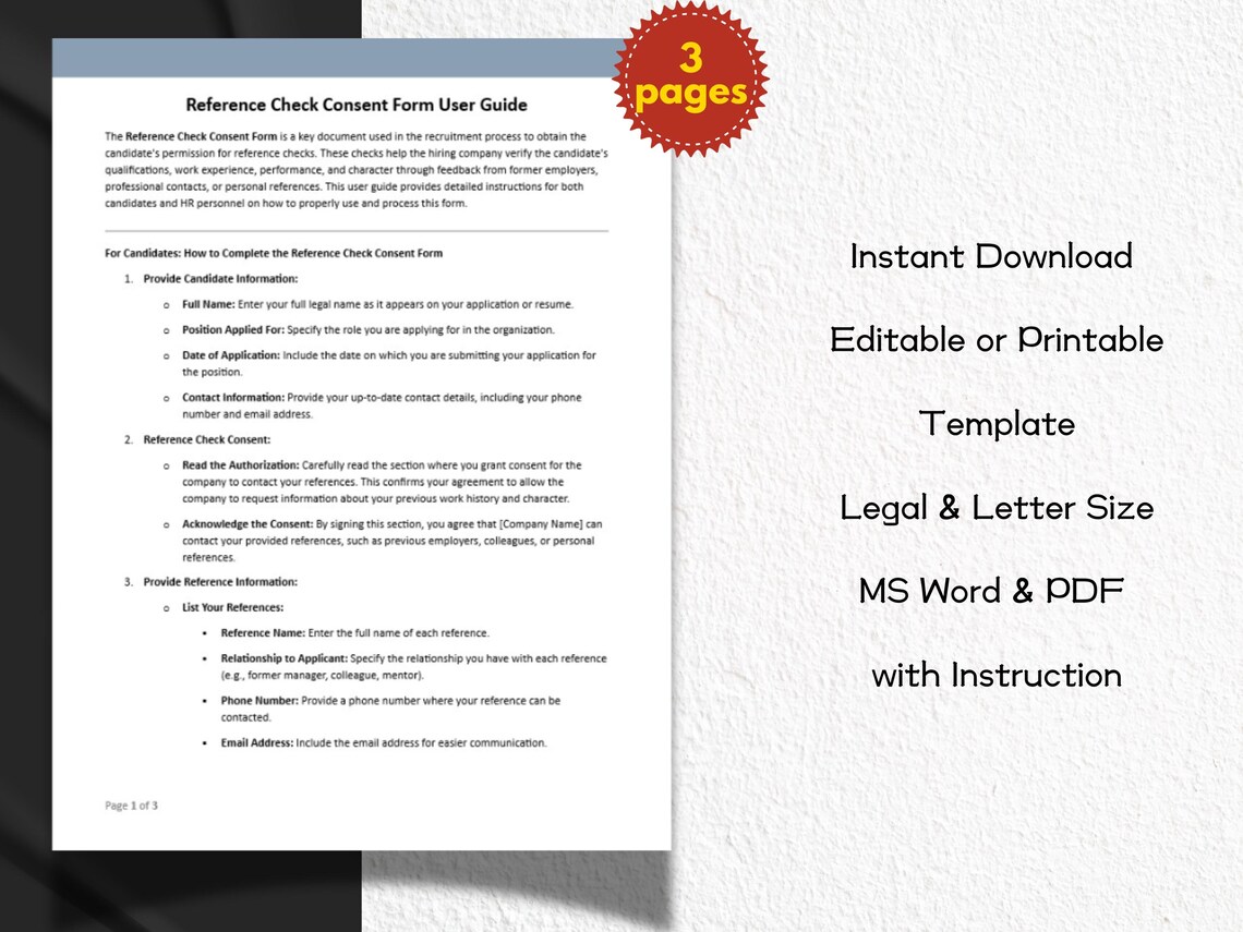 Reference Check Consent Form Editable and Printable Template With ...