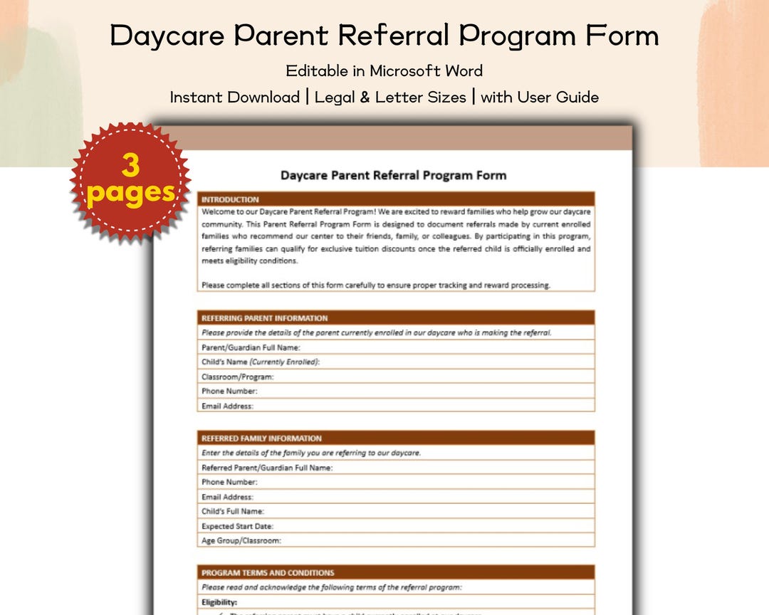 Daycare Parent Referral Program Form Editable and Printable Template ...