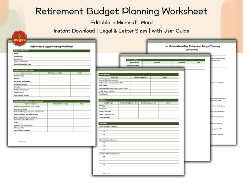 Retirement Budget Planning Worksheet Printable and Editable Financial ...