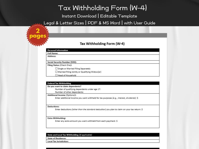 Tax Withholding Form (W-4) Editable and Printable Template | Employee ...
